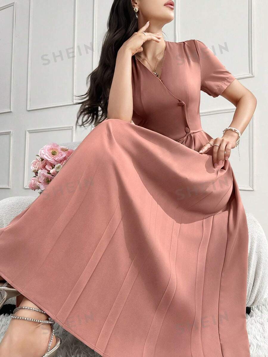 SHEIN Modely Solid Puff Sleeve A-Line Arabian Dress | SHEIN UK