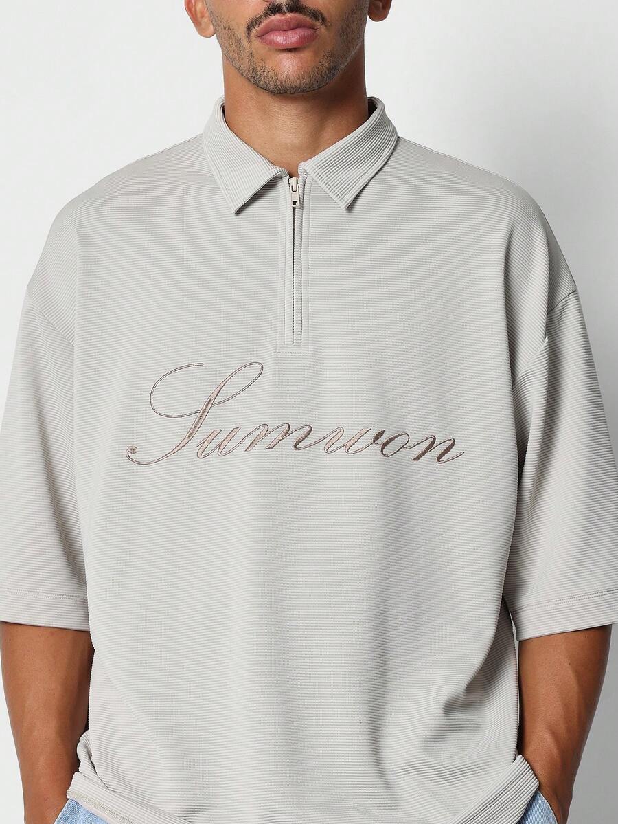 SUMWON Polo Half Zip Detail Tee With Script Logo Embroidery | SHEIN EUR