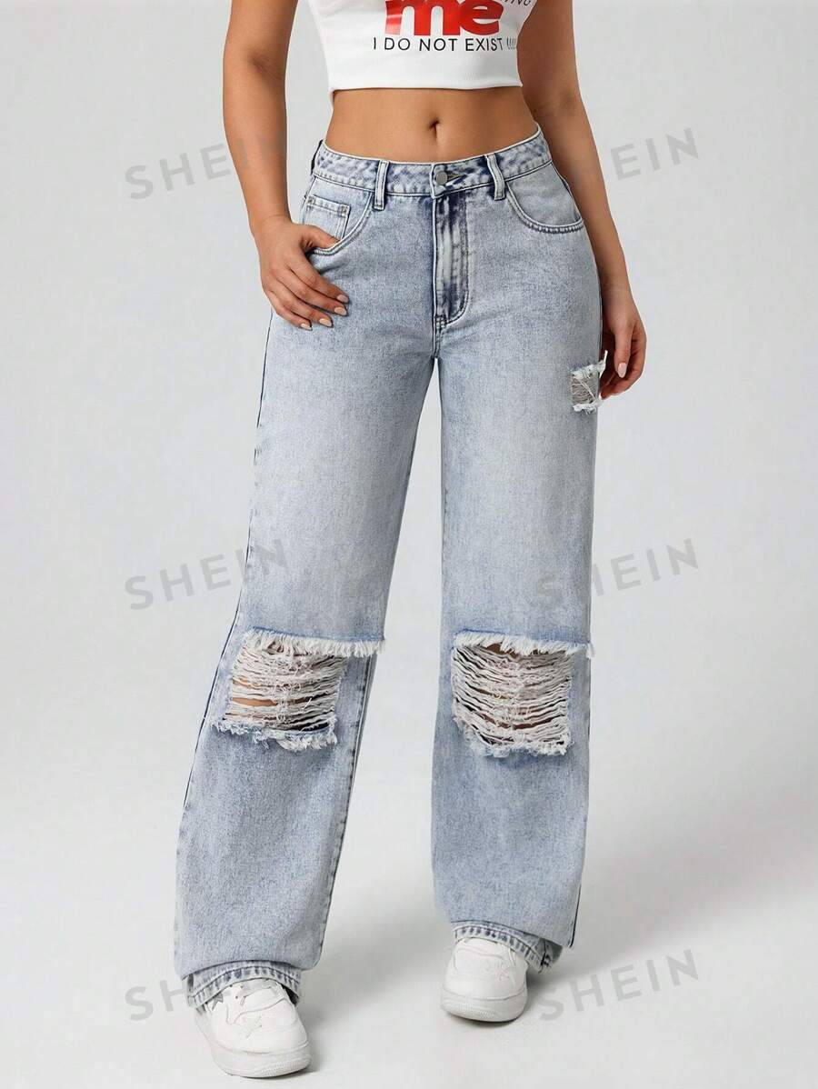 SHEIN ICON Women's Solid Color Simple Retro Wide Leg Jeans For Daily Wear | SHEIN USA