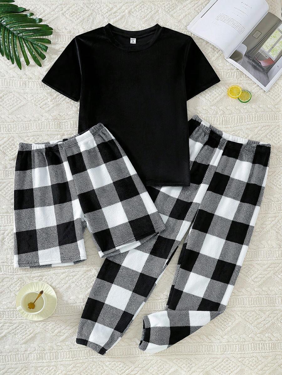 3pcs Teen Boys Plush Checkered Pajamas Set, Includes Shorts, Pants And ...