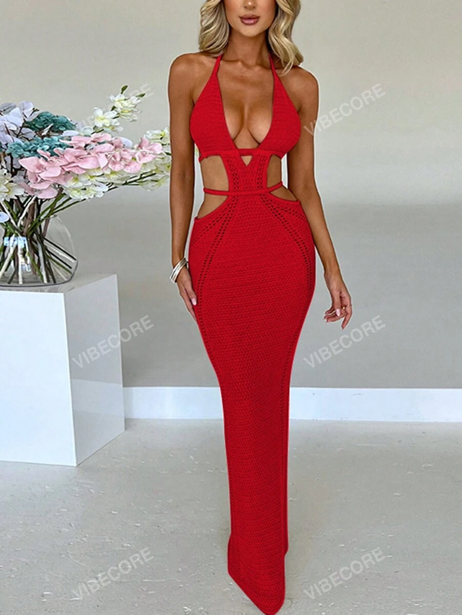 Women Sexy Hollow Out Wool Halter Backless Party Vacation Beach Dress