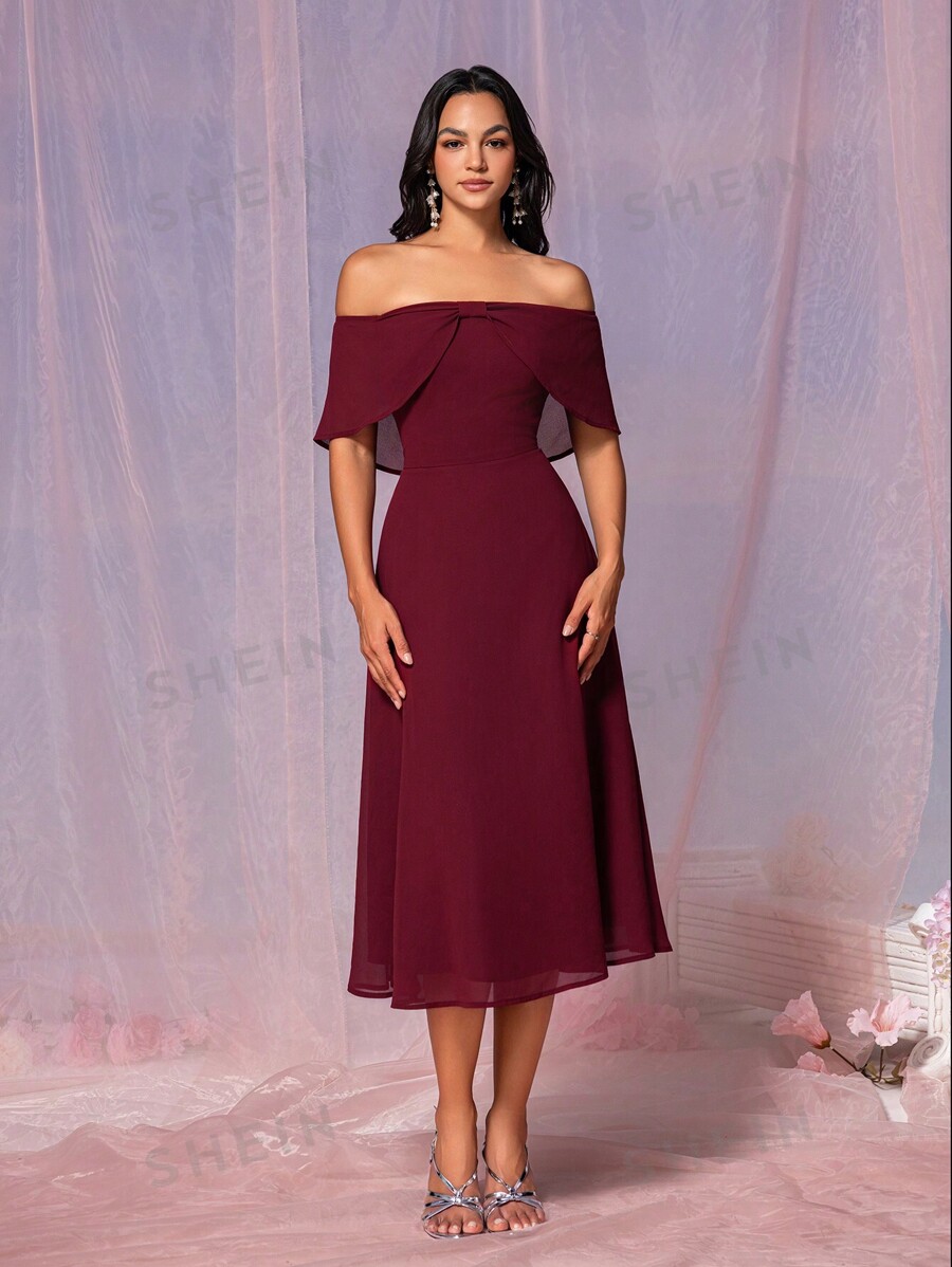 SHEIN Belle Ladies' Simple And Elegant Wine Red Chiffon Fabric Off-Shoulder Short Dress With ...