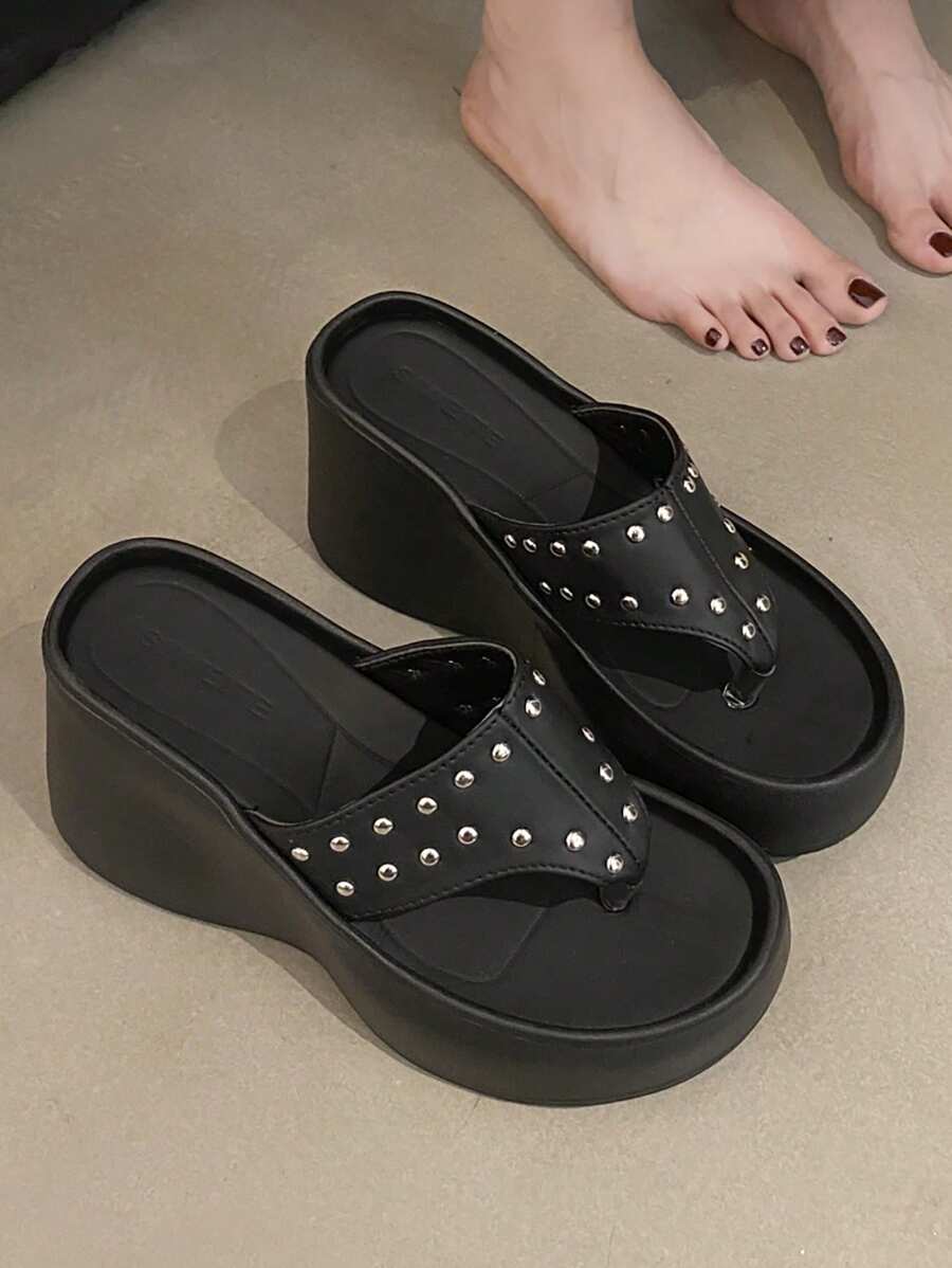 Black High-Heel Rivet Punk Rock Shoes, Open Toe Roman Sandals For Women ...