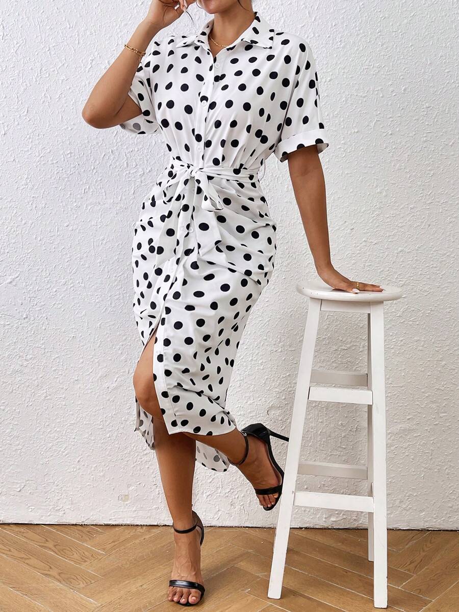 SHEIN Relaxiva White Polka Dot Print Button-Up Tie Waist Batwing Sleeve ...