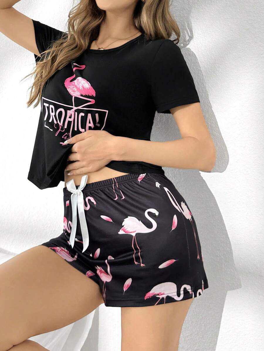 Flamingo & Letter Printed Women's Pajama Set With Short Sleeve Round ...