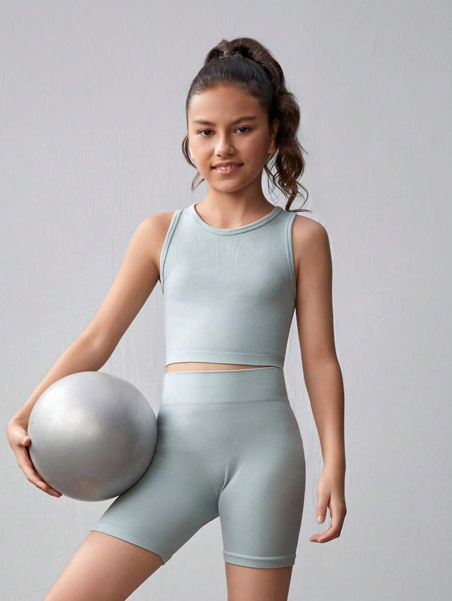 SHEIN Tween Girl Seamless Solid Color Vest And Shorts Sports Casual Two ...