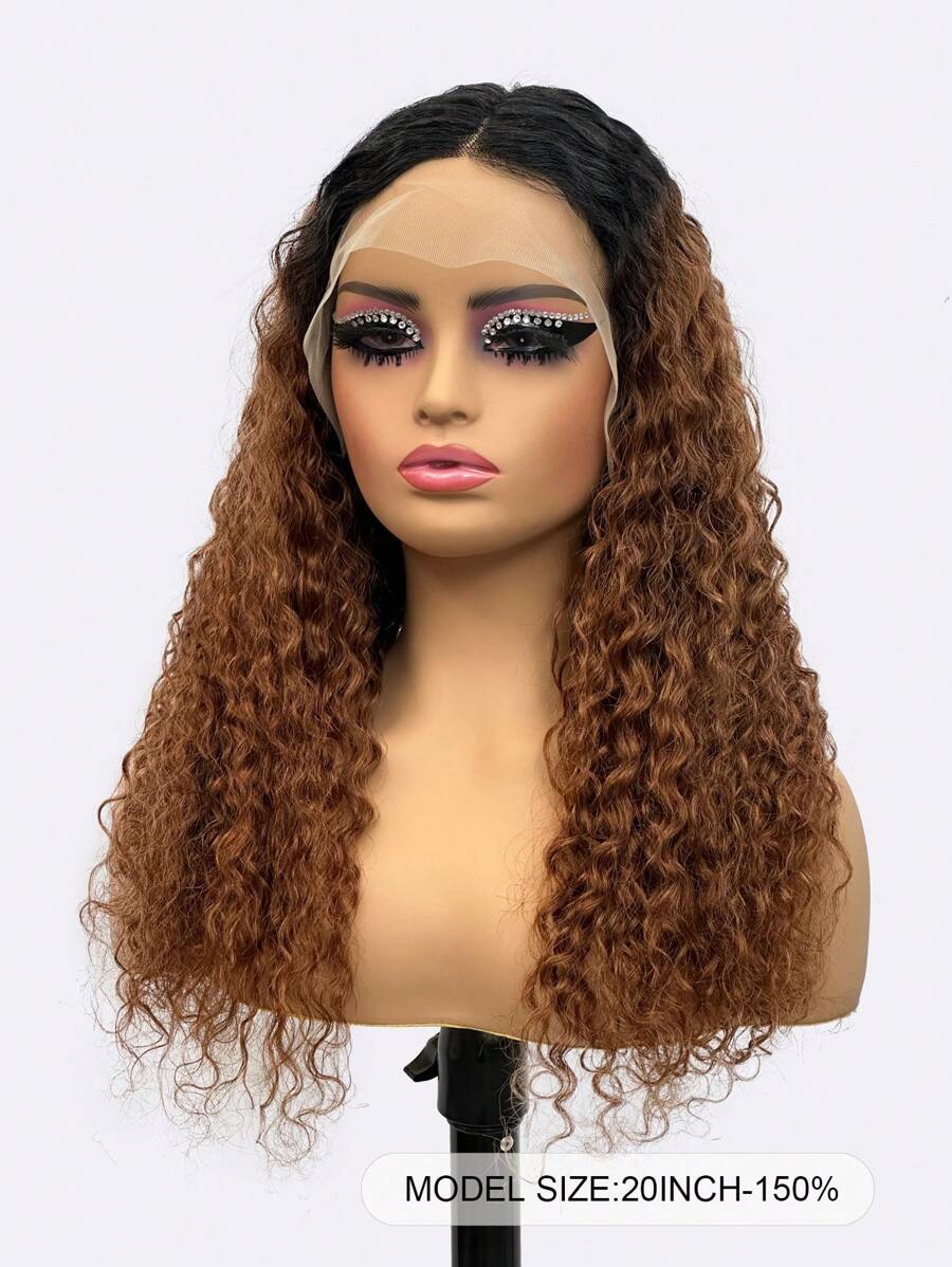 Perruque ondulée brune ombrée de 20 pouces avec dentelle transparente 13x1 en T, densité de 150% ...