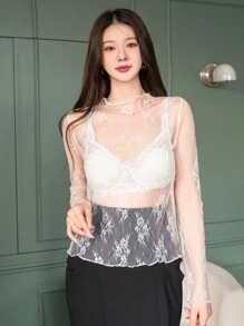DAZY Women's Lace See-Through Stand Collar Sexy Long Sleeve Blouse ...