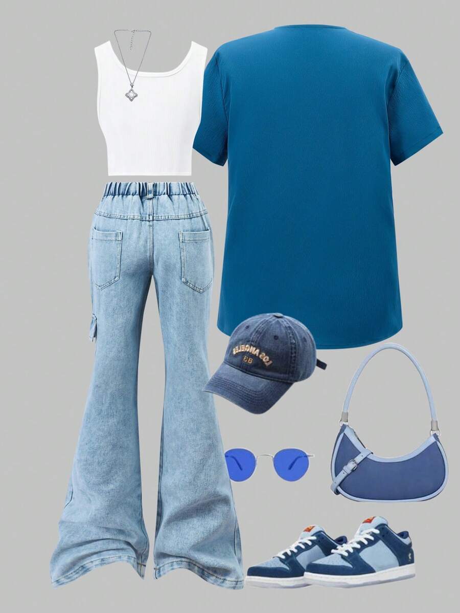 Teen Girl Heavy Duty Denim Fashion Cool Street Style Suit, Summer ...