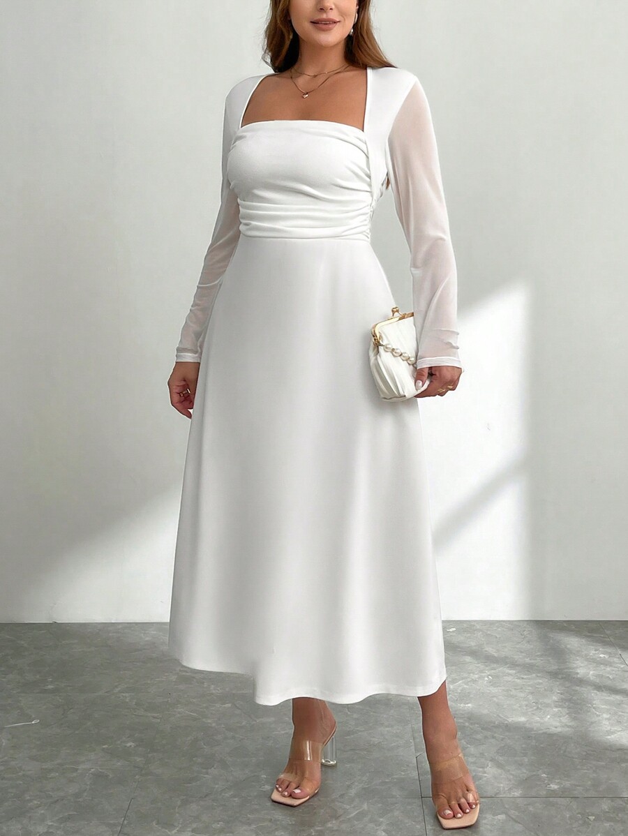 Firerie Plus Size Women's White A-Line V-Neck Long Sleeve Bodycon Dress ...