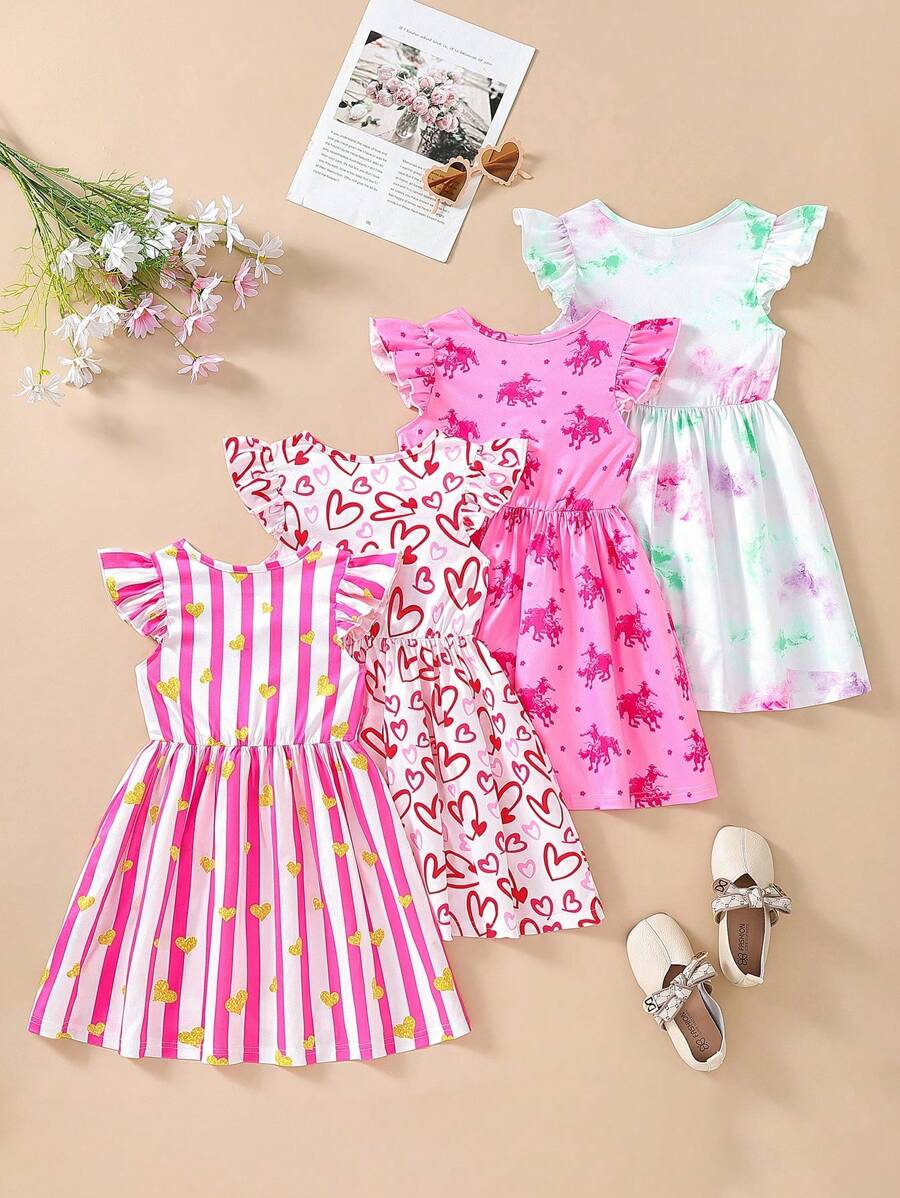 Young Girl Casual Cute Digital Printed Cap Sleeve Cinched Waist Dress ...