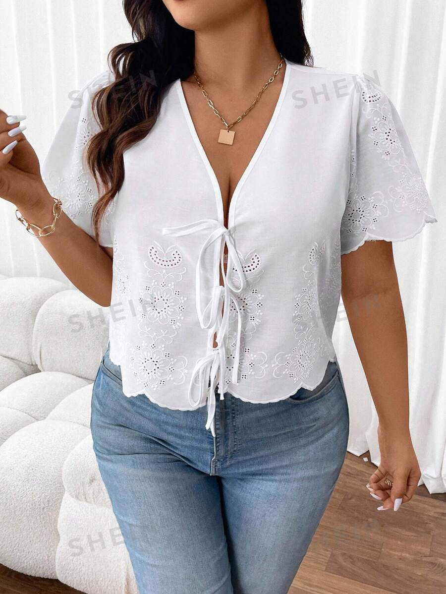 SHEIN Frenchy Plus Size Casual Vintage Embroidered Short Button-Down ...
