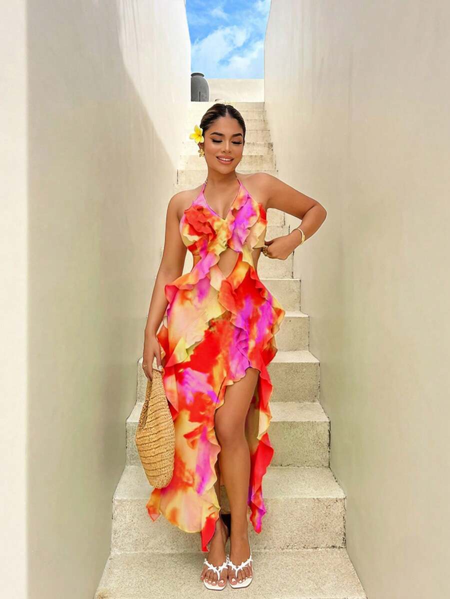 SHEIN SXY Colorful Printed Backless Spaghetti Strap Ruffle Hem Dress ...