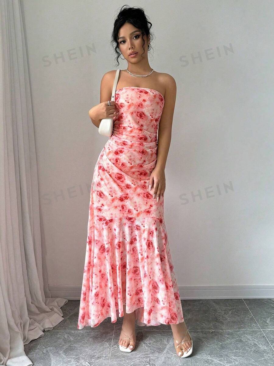 SHEIN Privé Women's Summer Romantic Floral Printed Fish Tail Hem ...