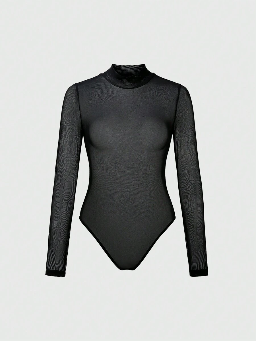 Flirla Body de manga larga con cuello alto y malla negra transparente ...
