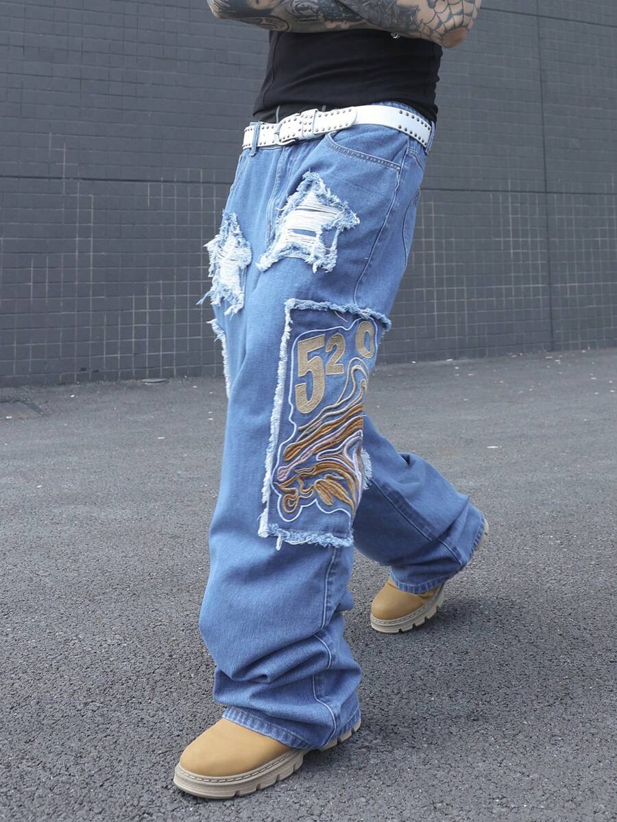 Manfinity EMRG Men Star Patched Raw Trim Wide Leg Jeans, Wide Jeans ...