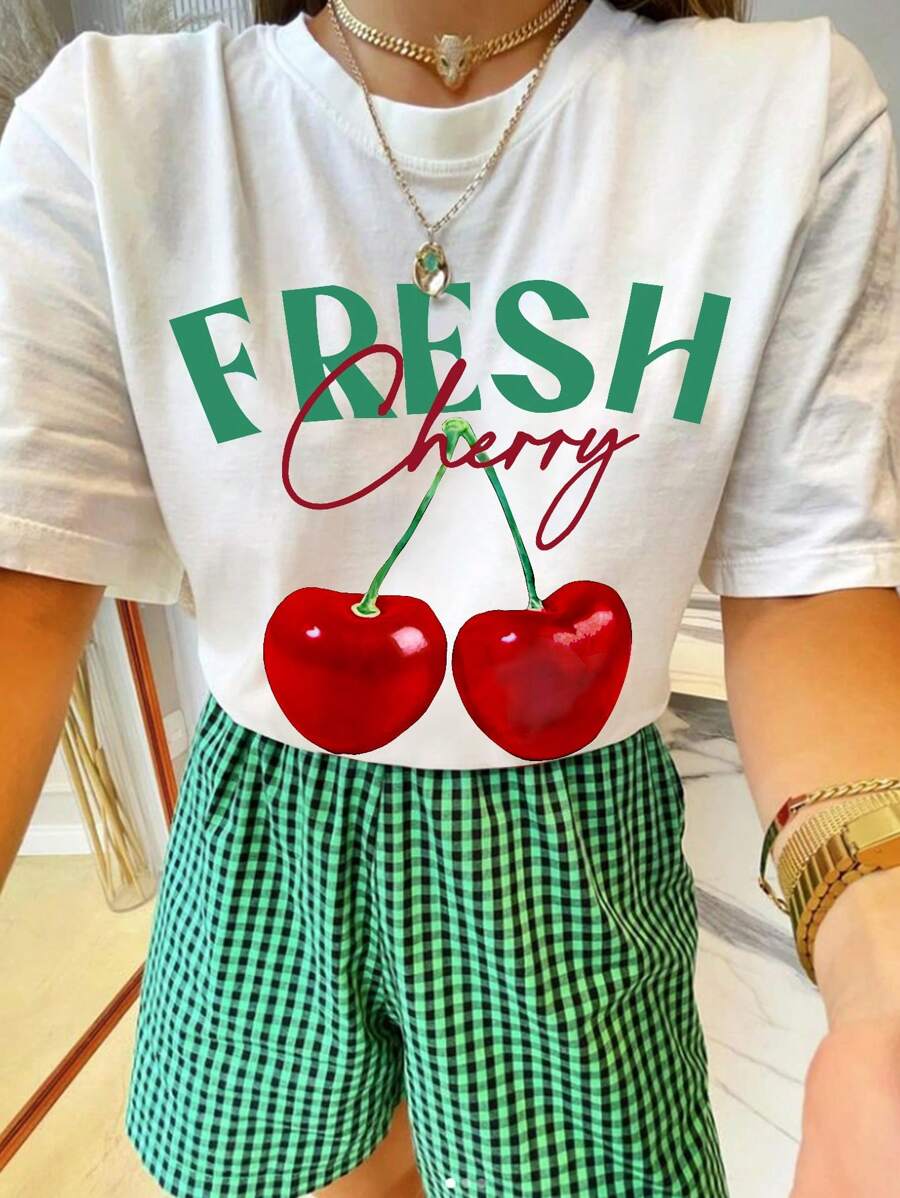 INAWLY Plus Cherry & Letter Graphic Tee For Summer Graphic Tees Women ...