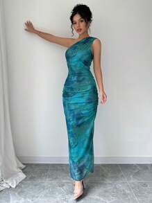 SHEIN Elenzya Women's One Shoulder Full Allover Print Slim Fit Elegant ...