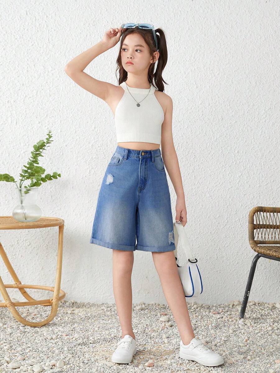 SHEIN Jeans corti baggy strappati, lavati e arrotolati per ragazze ...