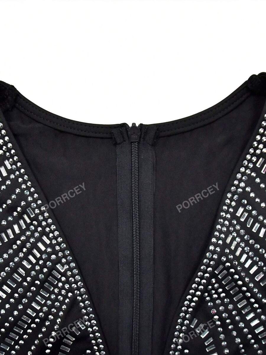 Women's Sexy V-Neck Mesh Dress Adorned With Hot Drilling That Fits ...