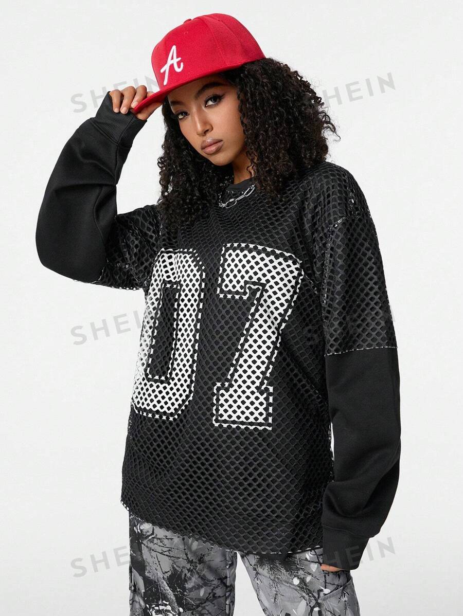 SHEIN Coolane Women's Oversized Streetwear Cool And Versatile Y2K Vintage Number Print Sheer ...