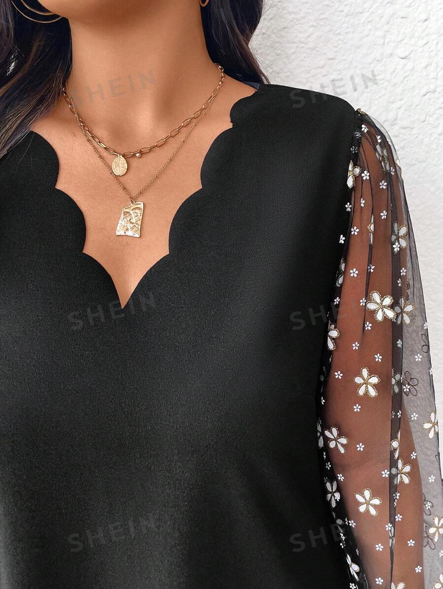 SHEIN Frenchy Exquisite Black Mesh A-Line Dress With Wave Collar And ...