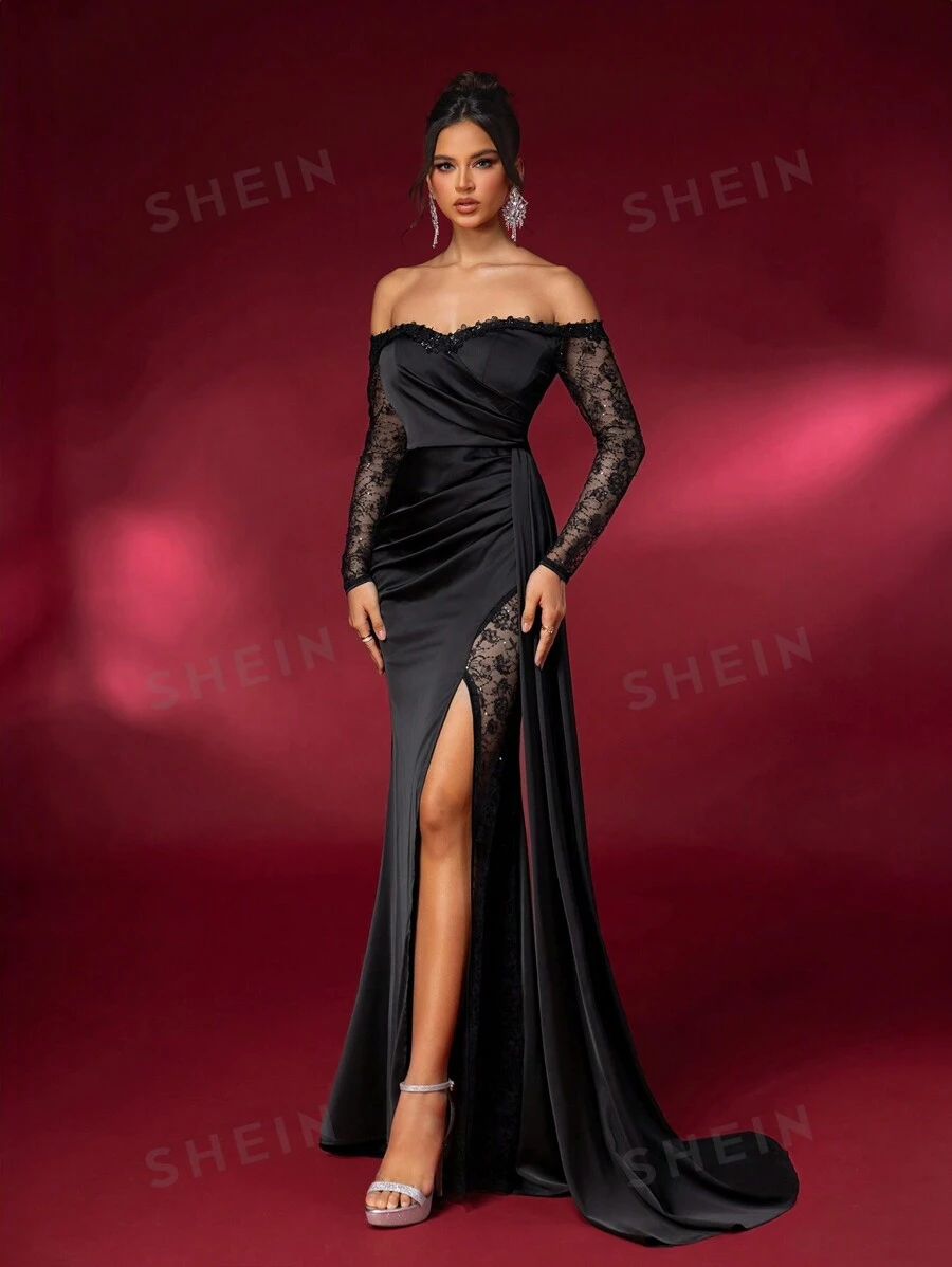 SHEIN Belle Elegant Off Shoulder Long Sleeve Sheer Lace And Satin Bustier Ruched Mermaid Tail ...
