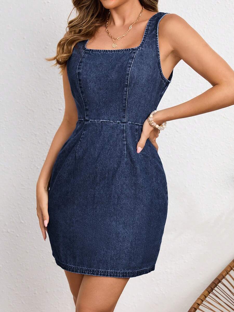SHEIN Essnce Square Neck Zip Back Denim Dress | SHEIN USA