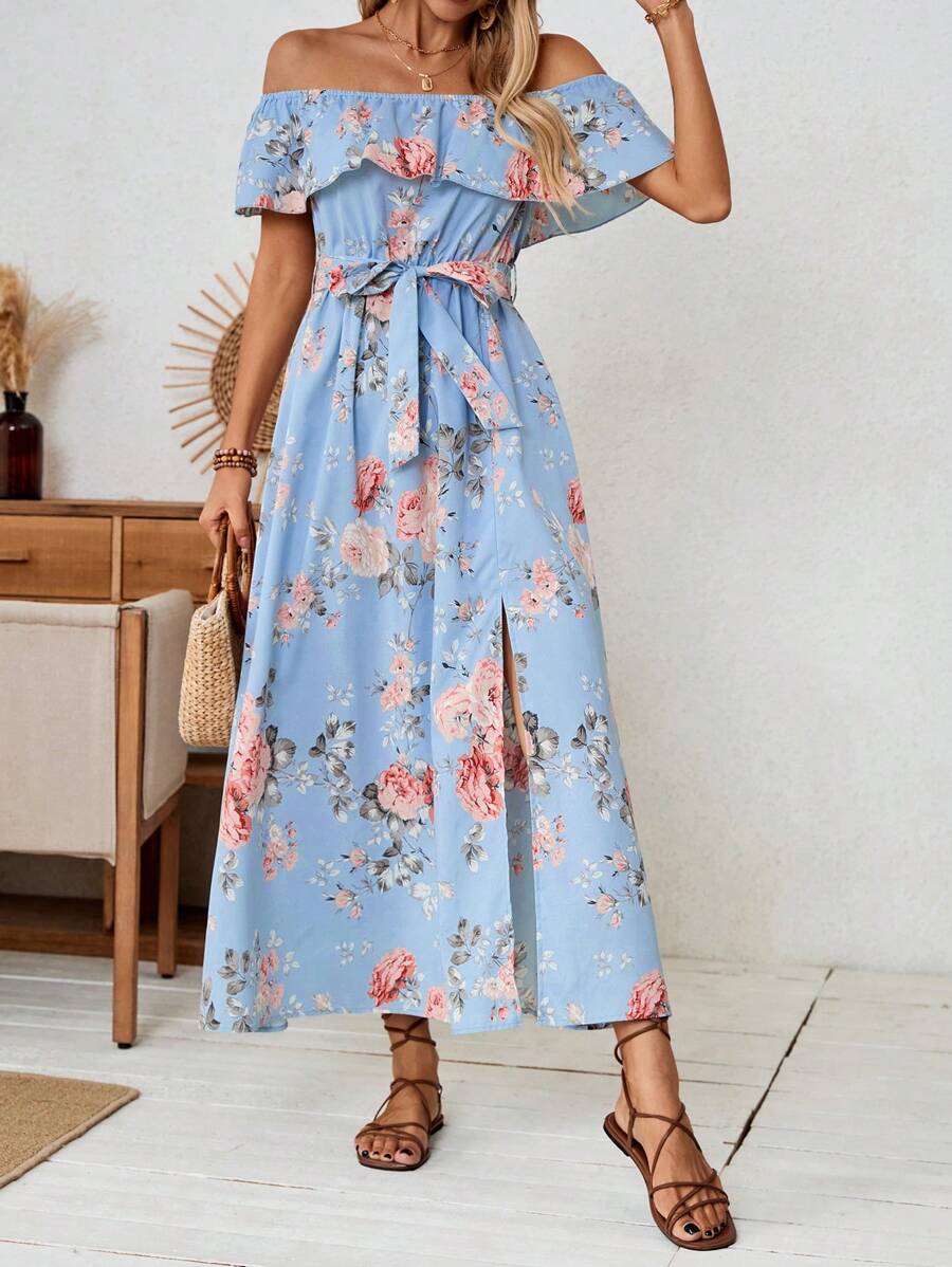SHEIN Holidaya Robe à fleurs avec épaules dénudées, volants et fentes ...