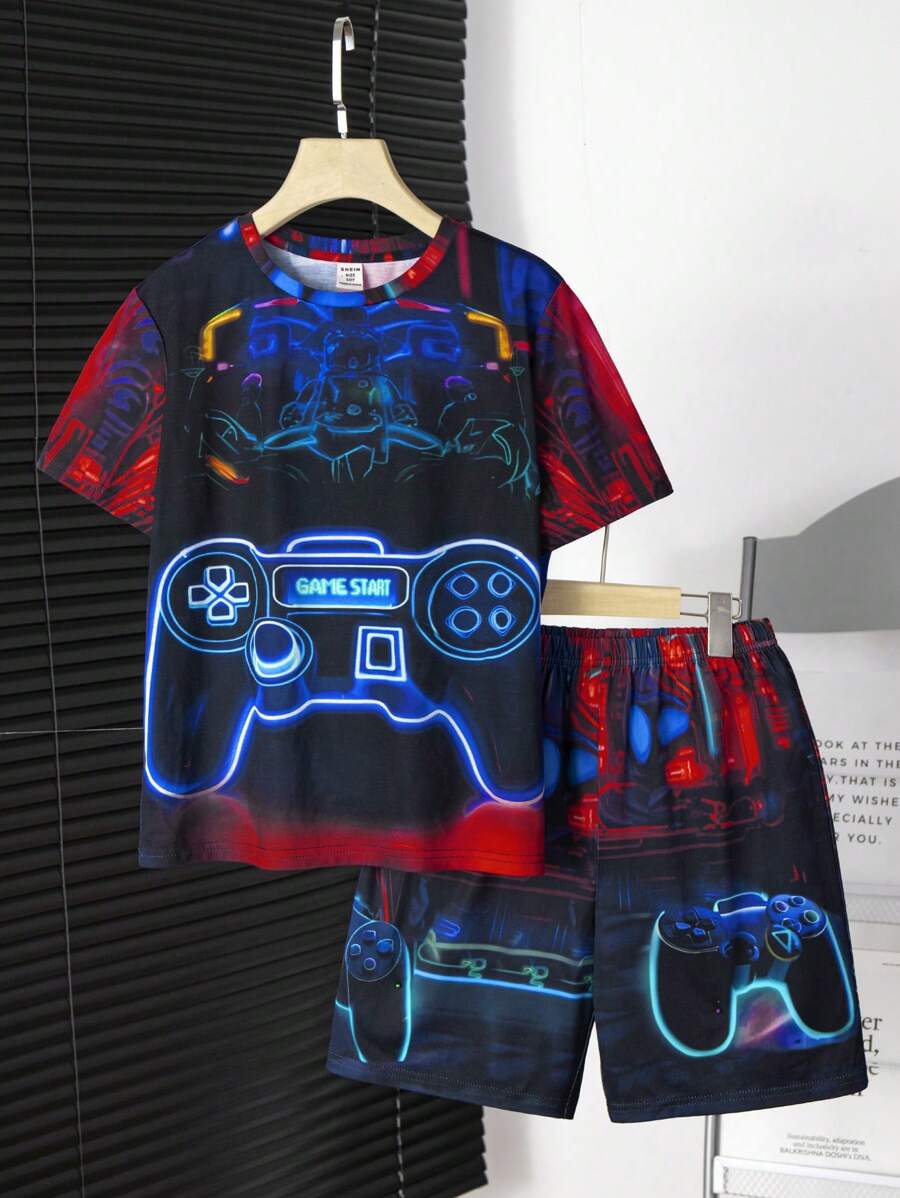 SHEIN Tween Boy Night Luminous Cartoon Gamepad Pattern Short Sleeve ...