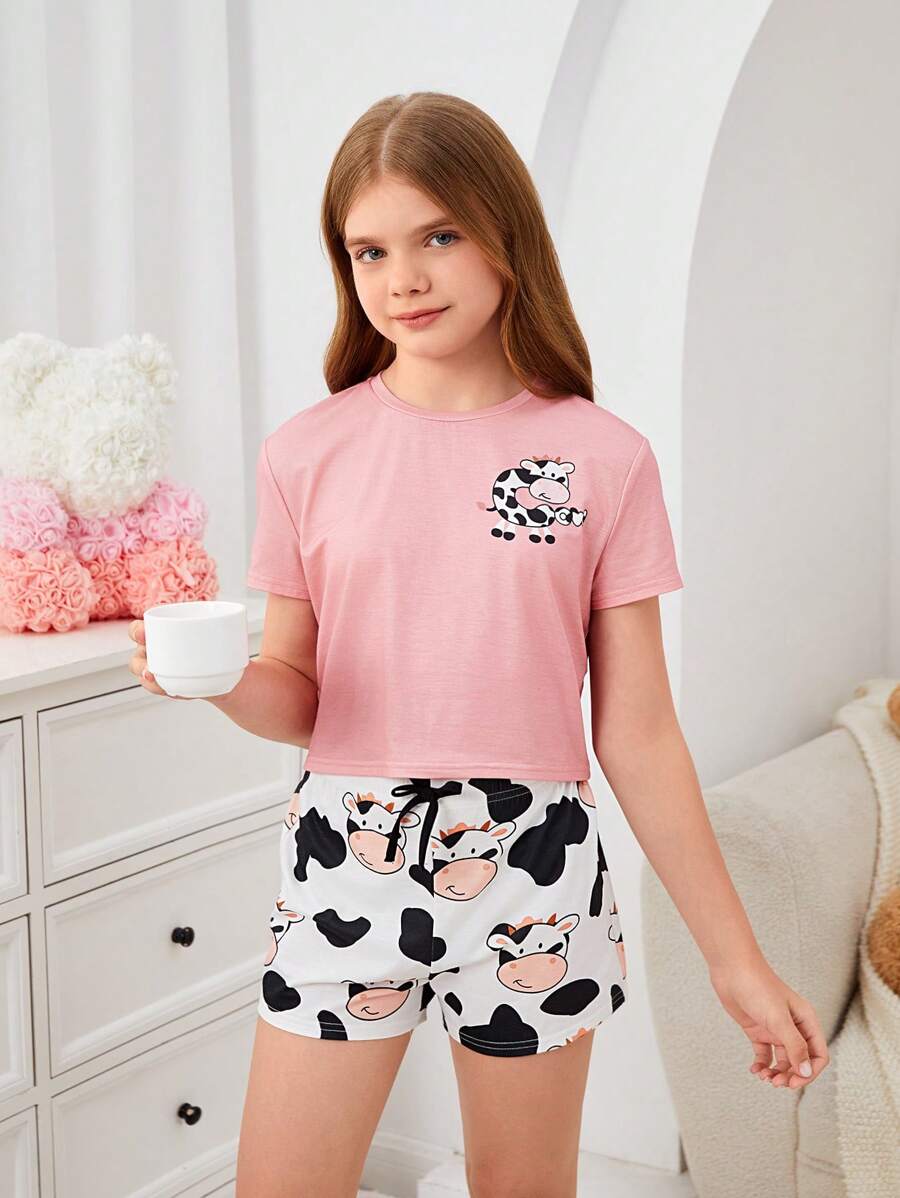 SHEIN Tween Girls' Cute Cow Pattern Short Sleeve Shorts Set ...