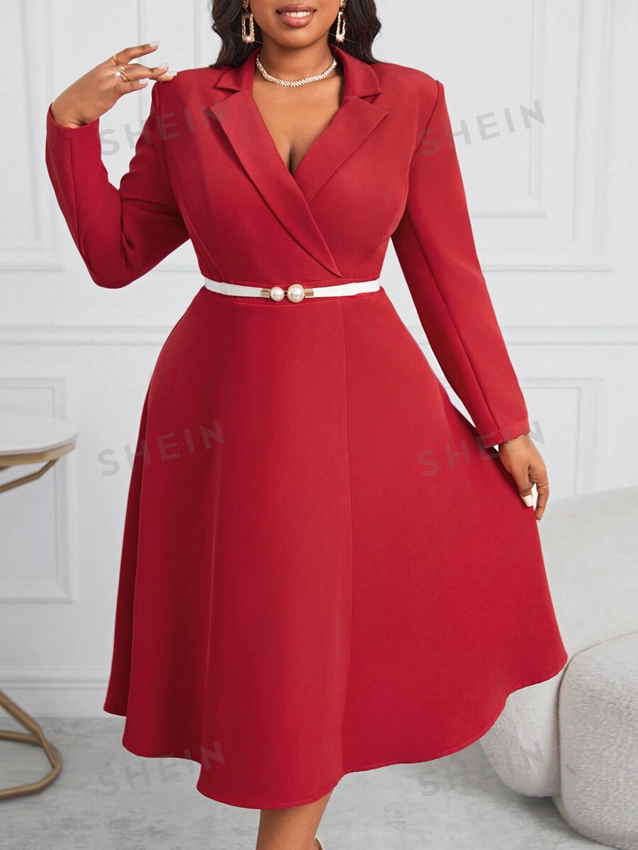 SHEIN Lady Vestido de traje de talla grande rojo midi en línea A con cintura ajustable y cuello ...