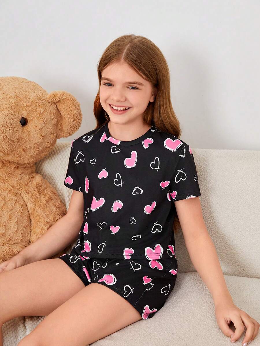 SHEIN Tween Girl Cartoon Heart Patterned Loose Fit Knit Pajama Set ...