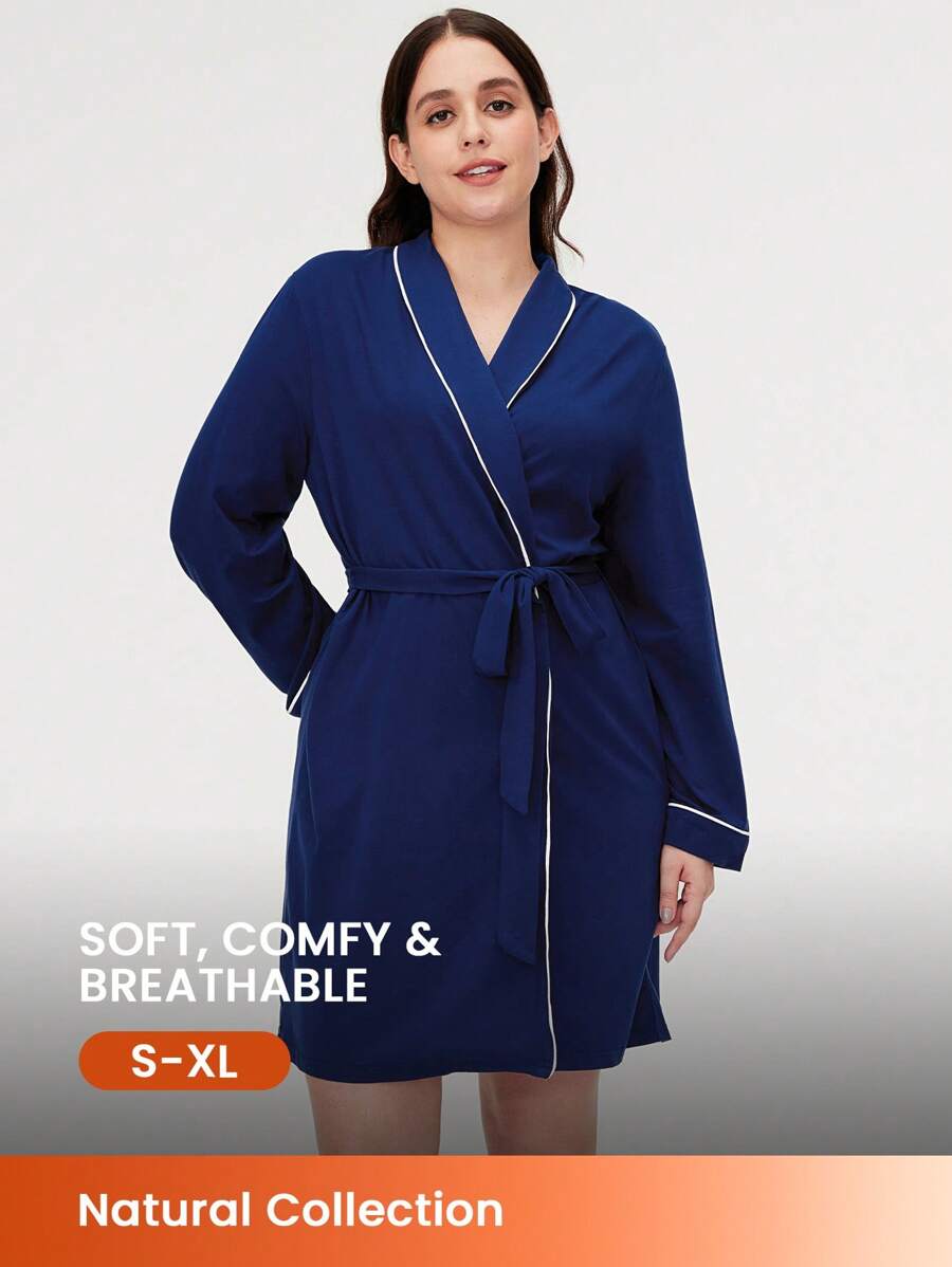LUVLETTE Dark Blue Soft Cotton & Modal Short Bath Robe To Tie Women ...