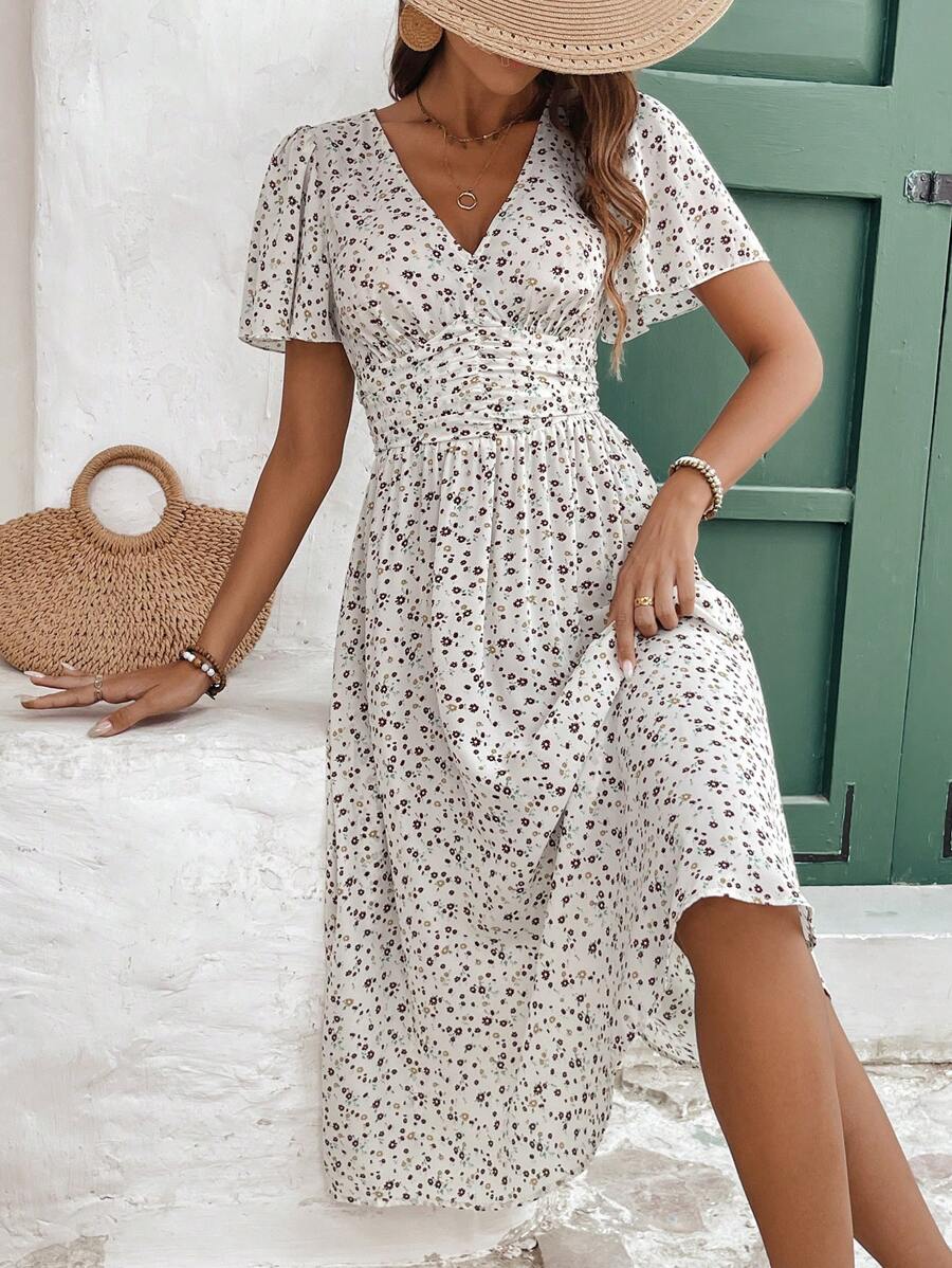 SHEIN Frenchy Women Summer Vacation Style Full Floral Print V-Neck Ruffle Short Sleeve Long ...