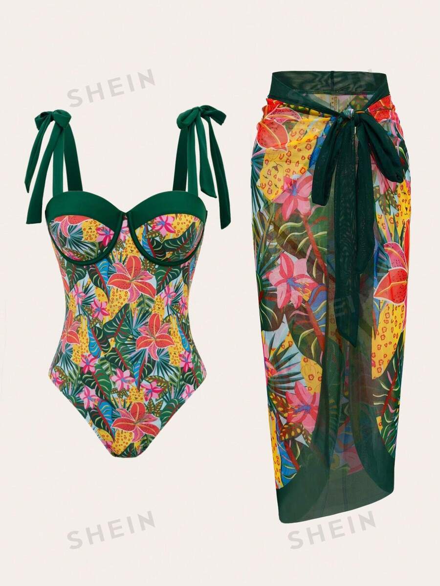 SHEIN Swim Oasis Bodysuit de uma alça em patchwork floral com detalhe ...