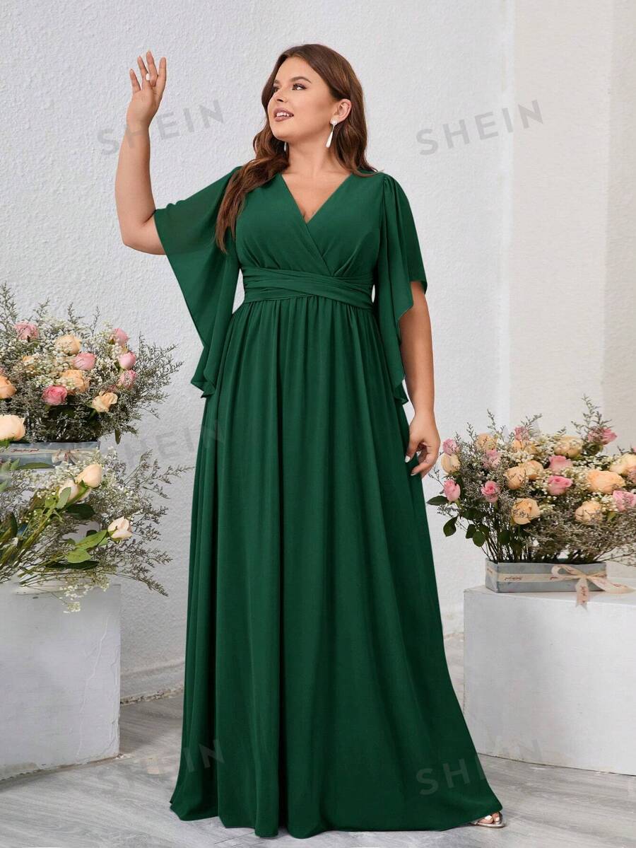 SHEIN Belle Plus Size Ruffle Bridesmaid Dress With Cross Waist And ...