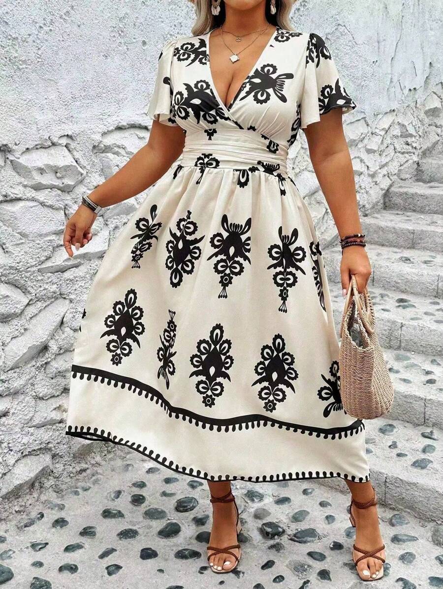 Breezaya Plus Size Boho Summer Casual Printed V-Neck Cinching Waist ...