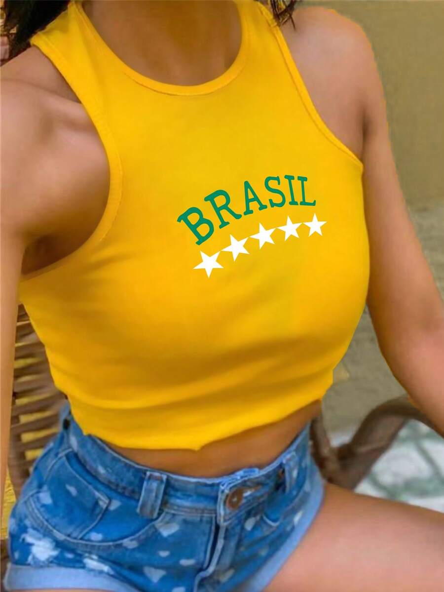 SHEIN EZwear Women's Brazil Place Name Slogan Sporty Sleeveless Tank ...