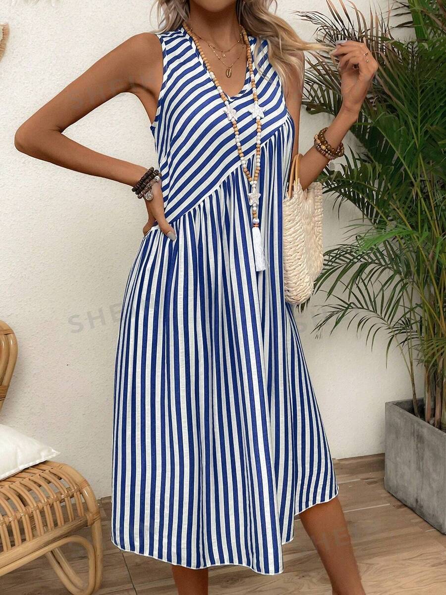SHEIN LUNE Sleeveless Striped A-Line Dress With V-Neck And Printed Hem ...