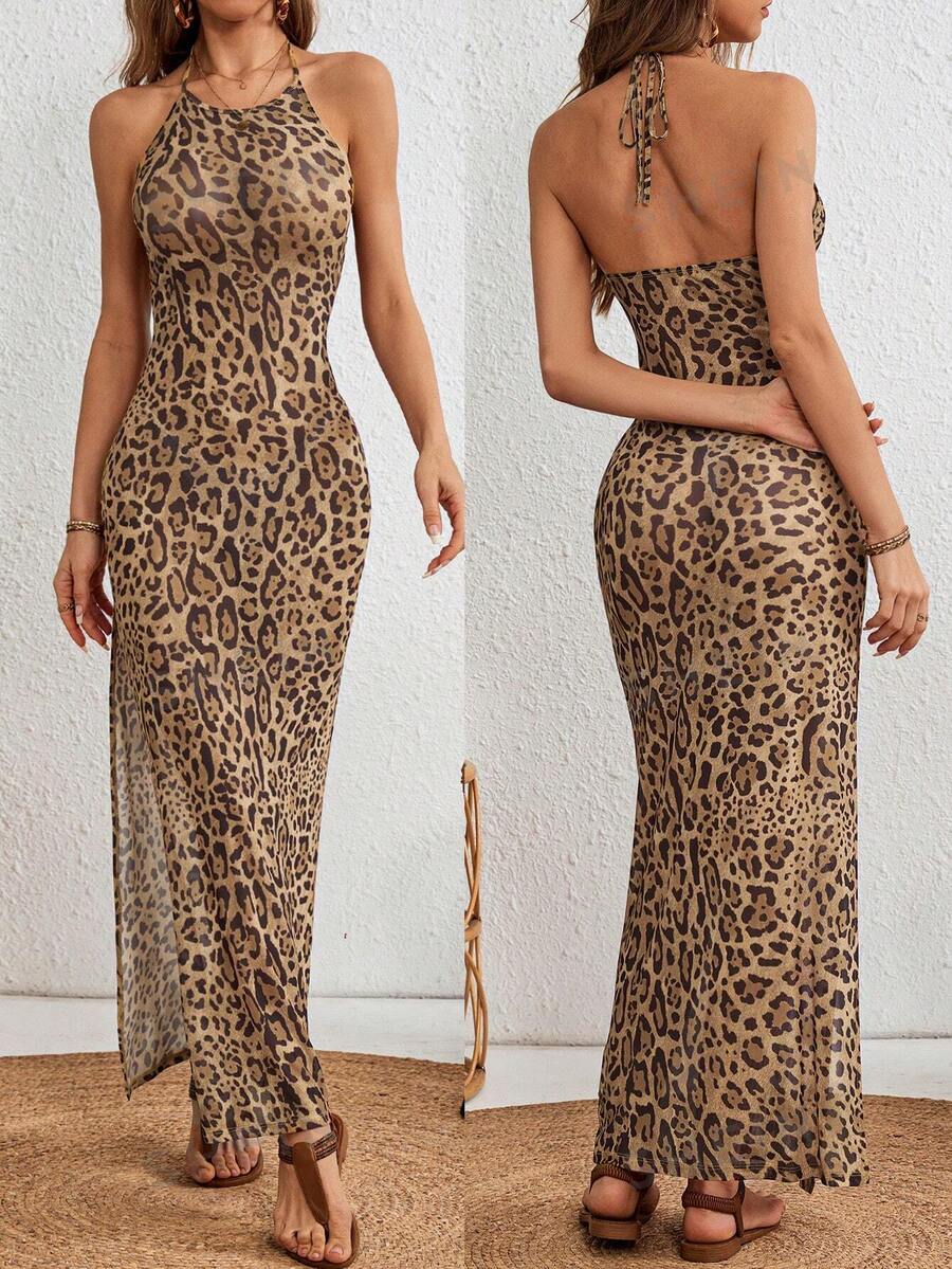 SHEIN VCAY 夏のレオパード柄 シースルーメッシュドレス、ボディコン、リゾートホリデー用 | SHEIN JAPAN