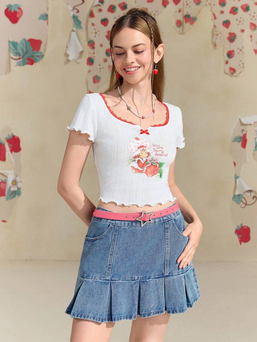 Strawberry Shortcake X SHEIN Women's Summer Cute Lettuce Edge Contrast ...