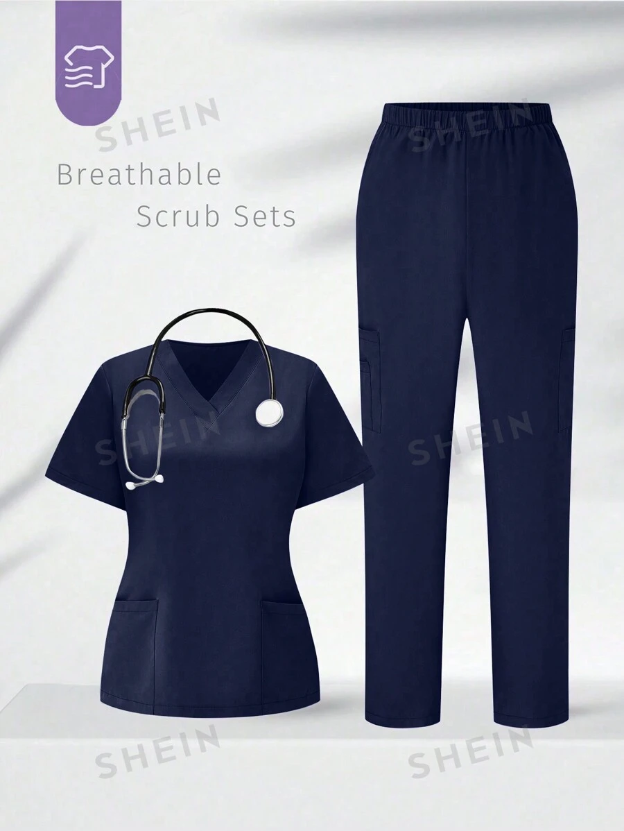 SHEIN TaskFit Simple Summer Short Sleeve Top And Pants Uniform Set With ...