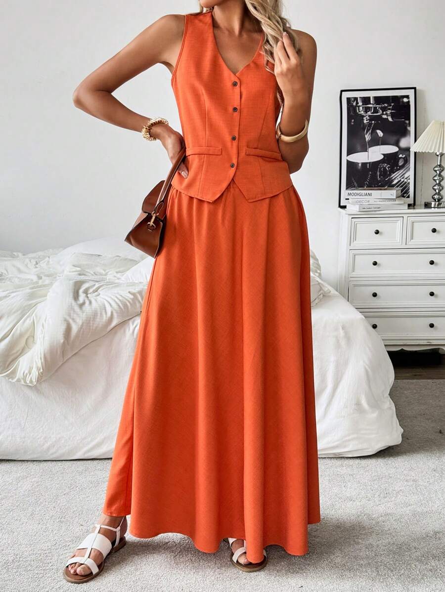 SHEIN Relaxiva Ensemble coordonné 2 pièces en lin pour femmes, comprenant un gilet ajusté et une ...