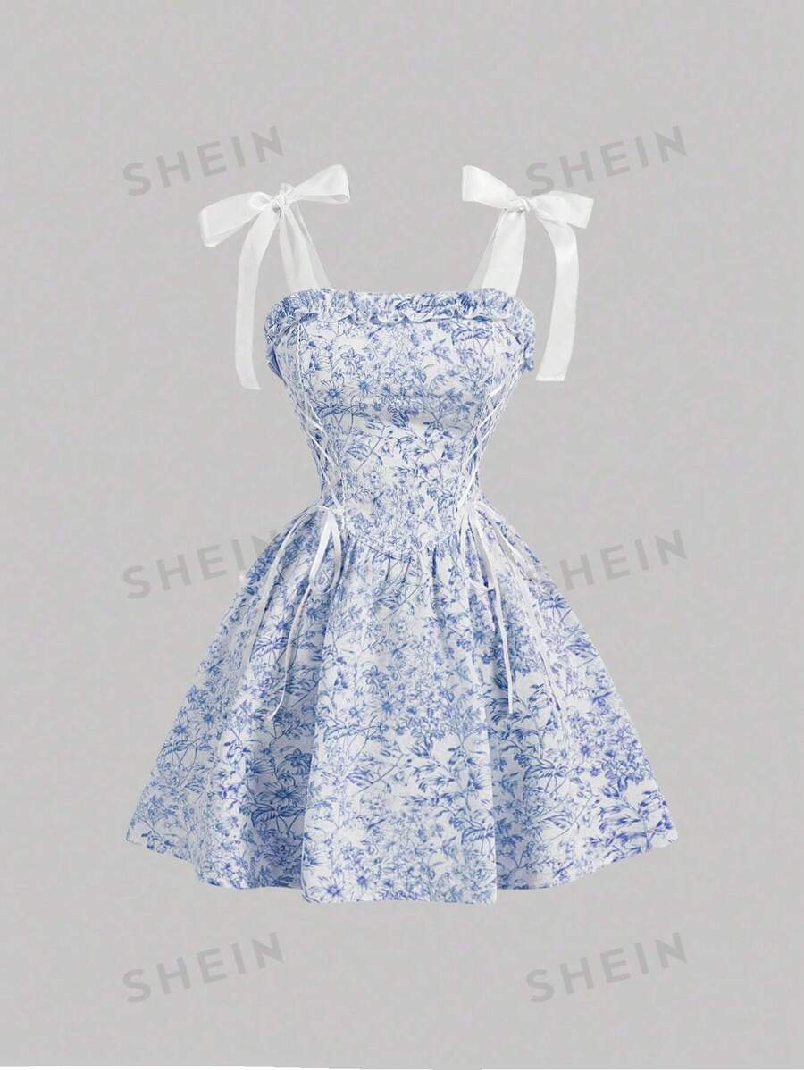 SHEIN MOD Vestido rosa de estilo vintage con estampado floral, cinturón ...