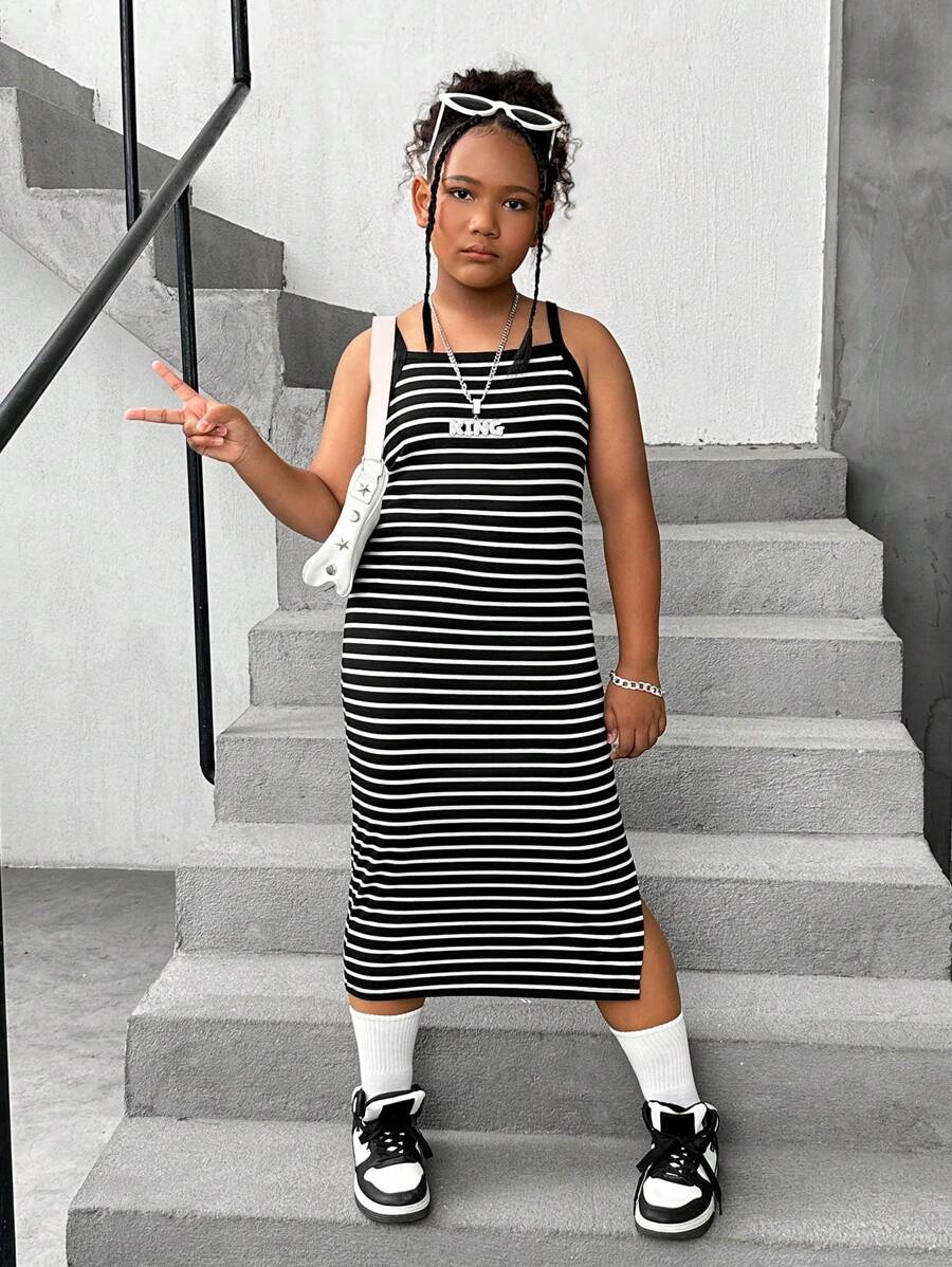 SHEIN Tween Girls Extended Size Striped Knit Slim-Fit Long Dress With ...