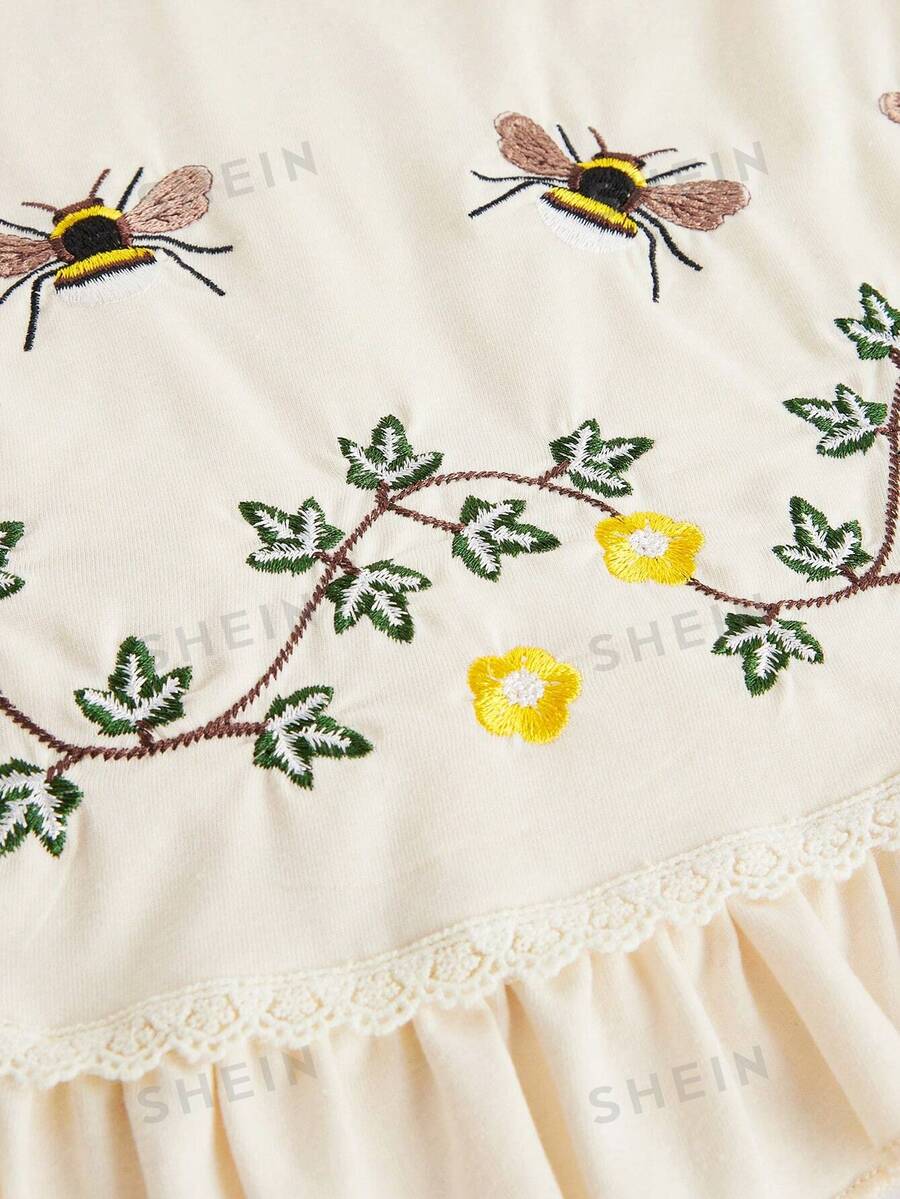 ROMWE Fairycore Women's Summer Casual Bee & Vine Embroidery Cottagecore ...