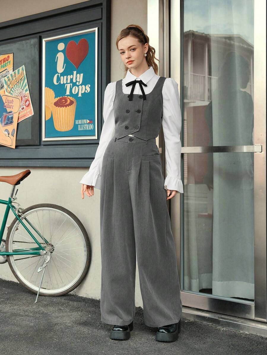 SHEIN MOD Grey Preppy 2pcs Set,Double-Breasted Vest &Wide Leg Pants ...