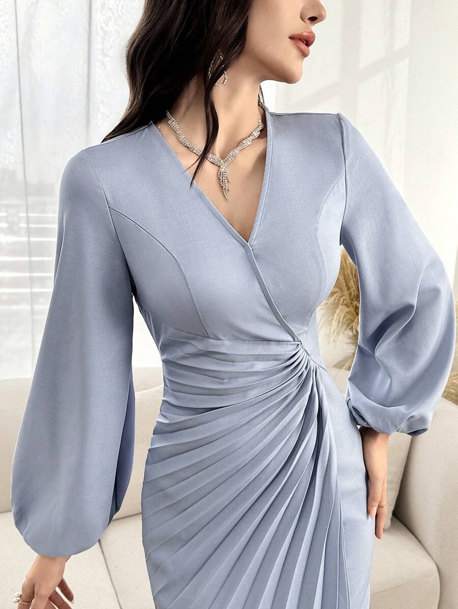 Modelyn Women's Solid Color V-Neck Pleated Elegant Long Sleeve Dress, Wedding/Occasion Dress ...