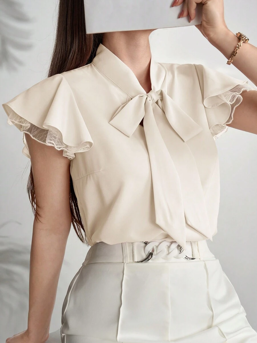 Modelyn Ladies' Solid Color Ribbon Collar Elegant Mesh Splice Chiffon Blouse | SHEIN USA